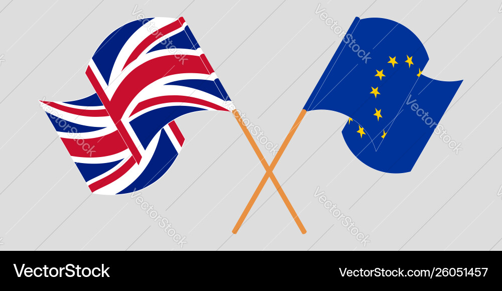 Crossed and waving flags uk eu Royalty Free Vector Image