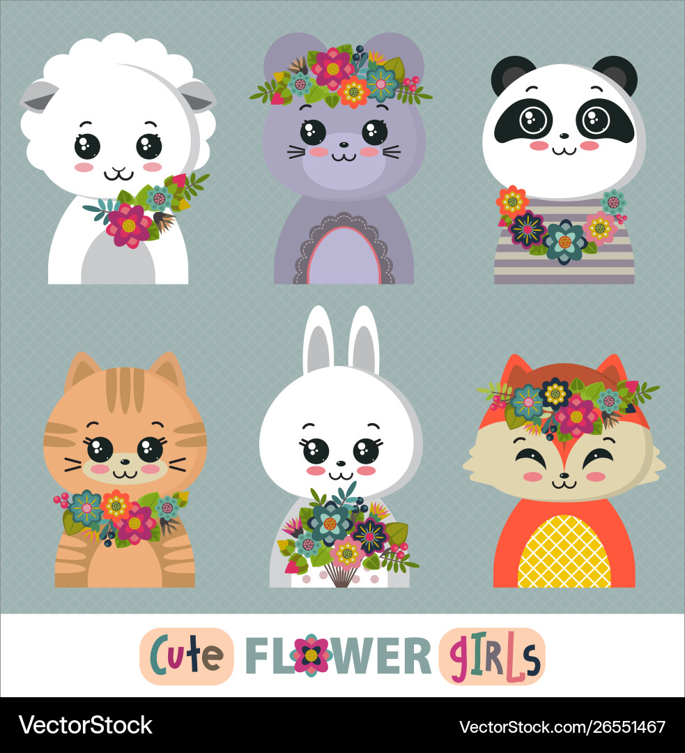 Collection cute animals with flowers Royalty Free Vector