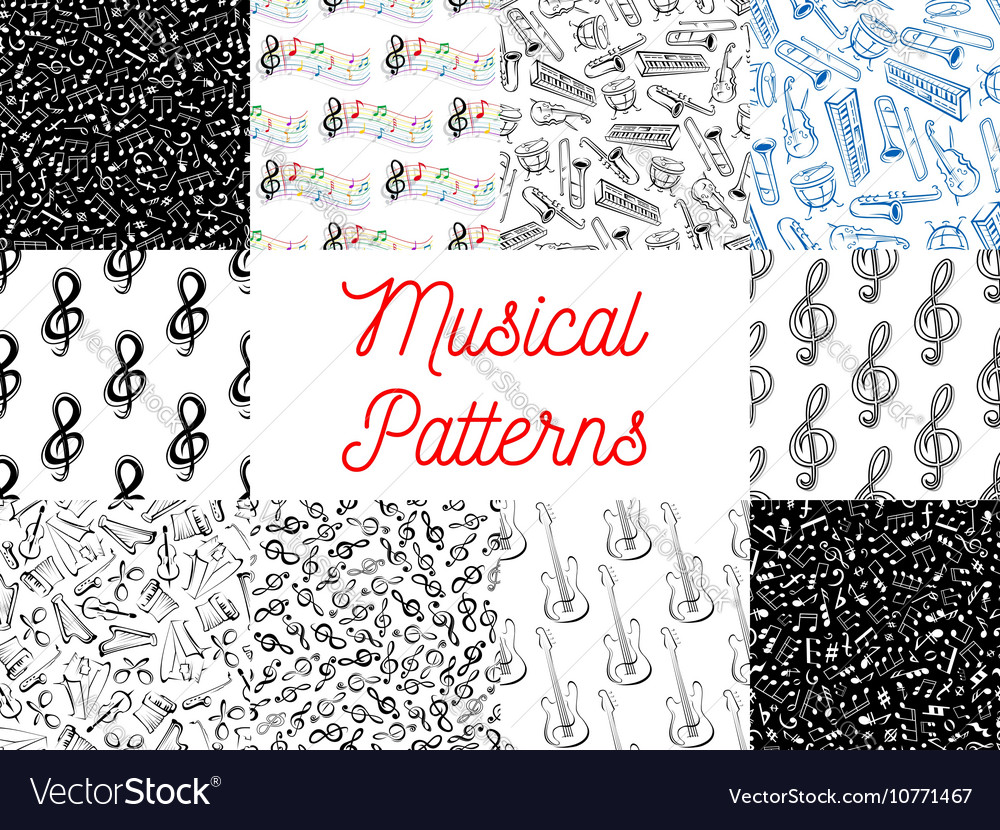 Musical notes and instruments pattern backgrounds Vector Image