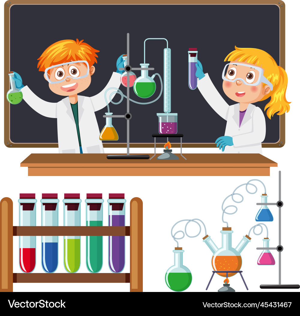 Scientist kids doing chemical experiment Vector Image