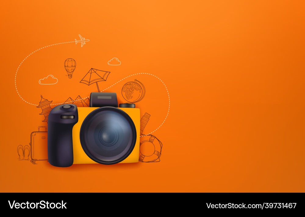 Travel concept with red camera and doodle Vector Image