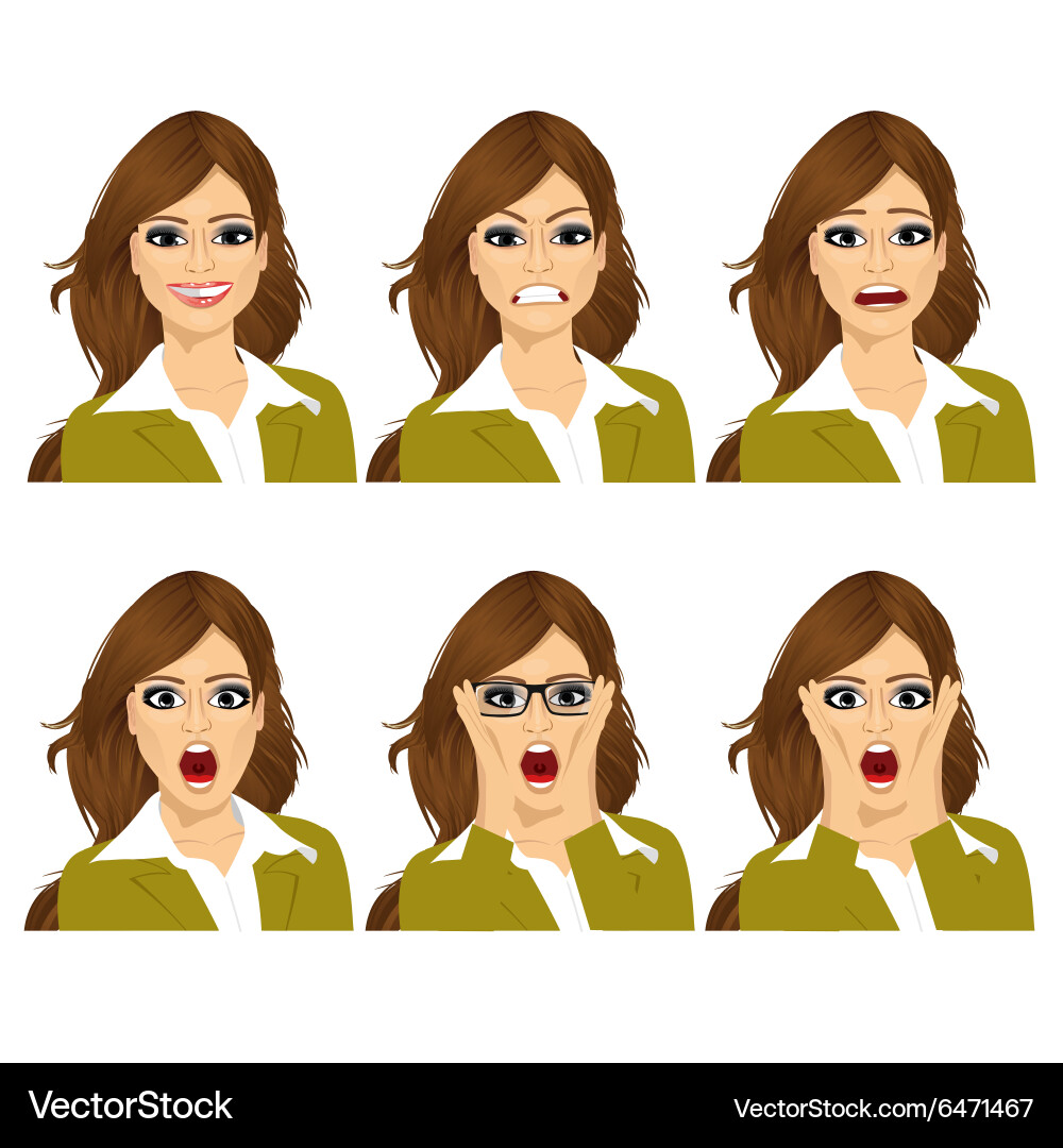 Woman on six different face expressions set Vector Image