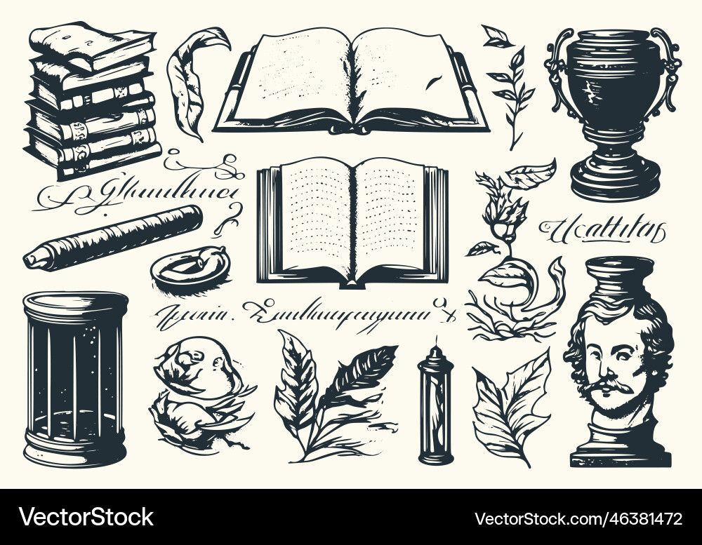 Hand-drawn set of literature elements Royalty Free Vector