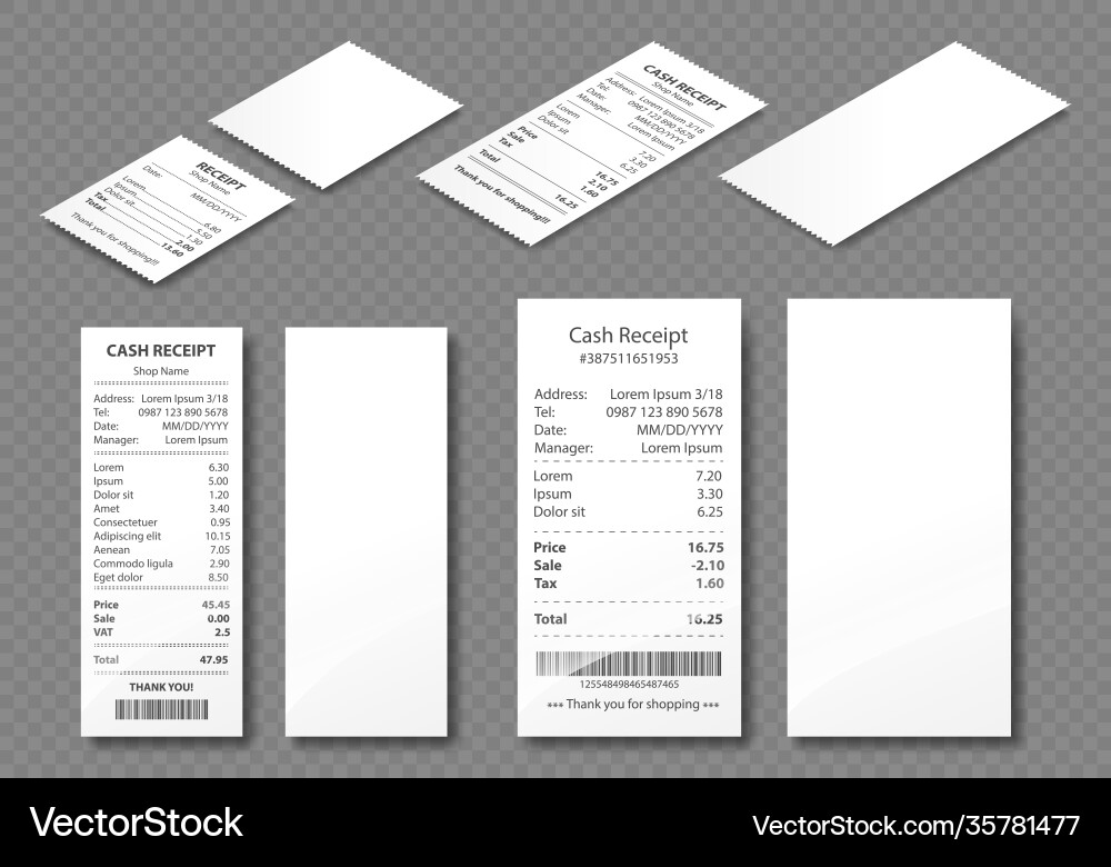 Cash receipt paper bill purchase invoice set Vector Image