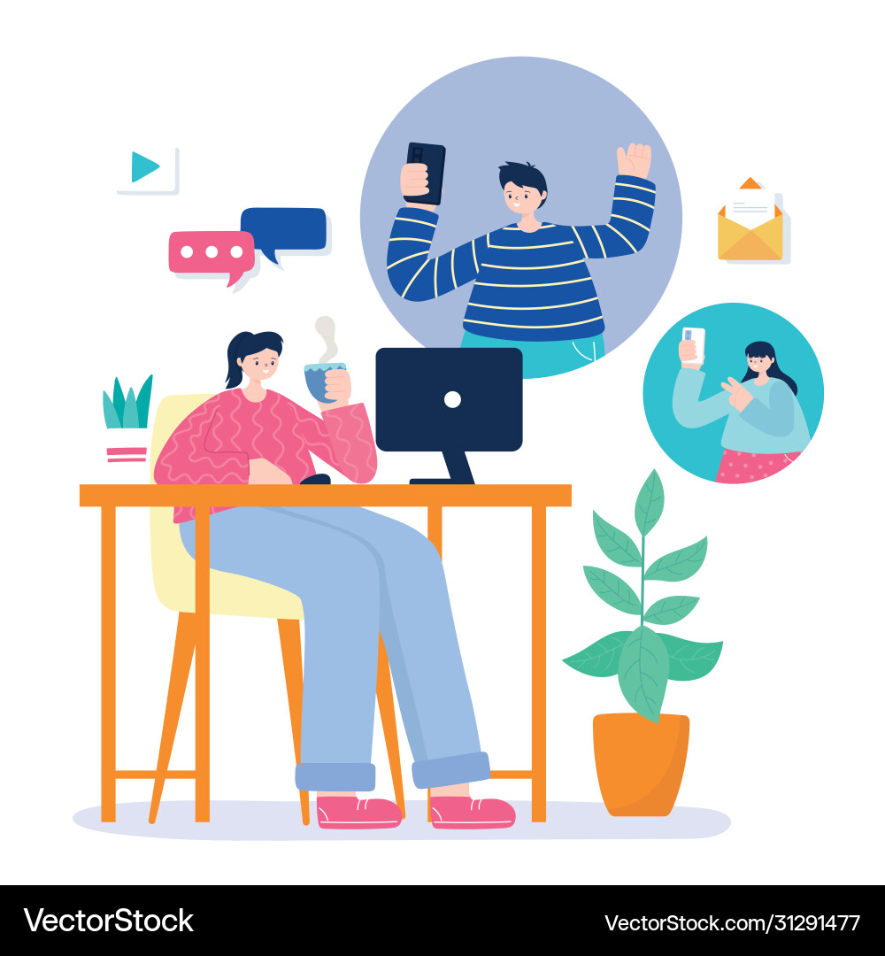 Young woman with coffee cup using laptop chatting Vector Image