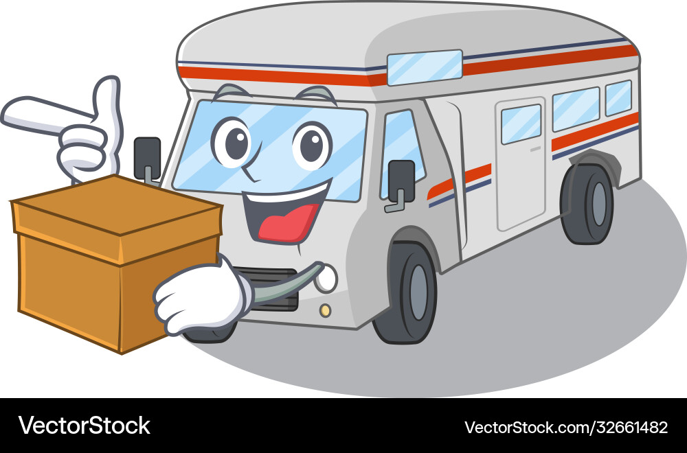Cute campervan cartoon character having a box Vector Image