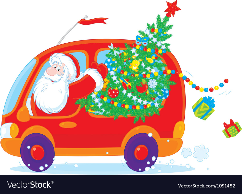 Santa drives with christmas tree Royalty Free Vector Image