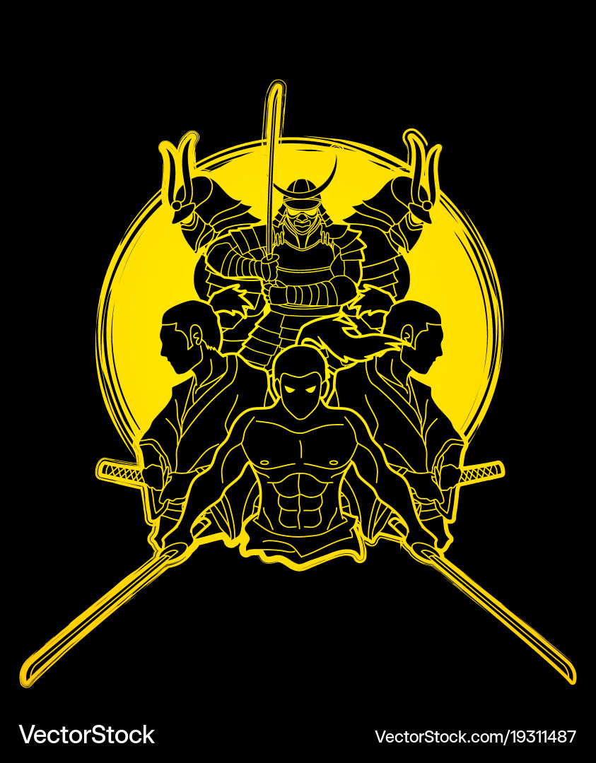 Group of samurai ready to fight action Royalty Free Vector