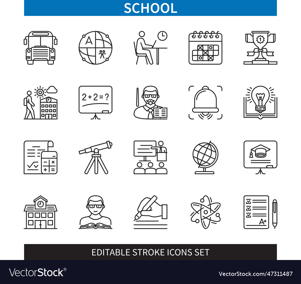 School editable stroke icon set Royalty Free Vector Image