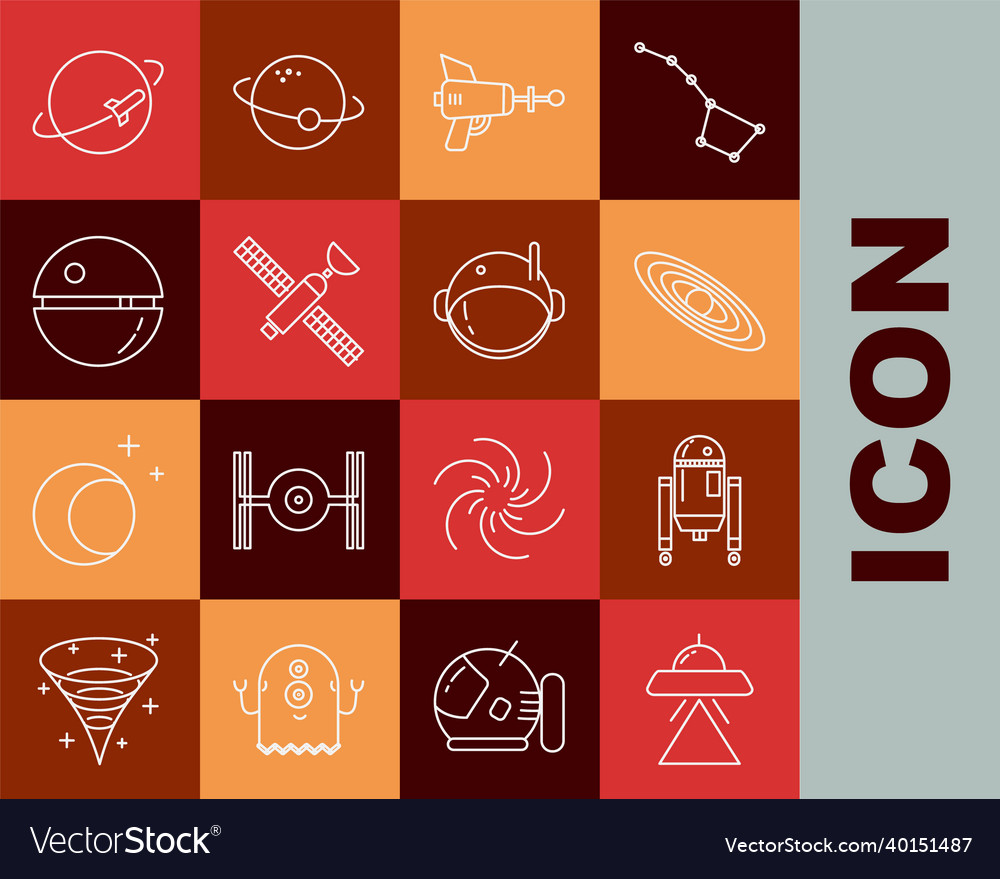 Set line ufo flying spaceship robot planet ray Vector Image Set line ufo flying spaceship robot planet ray Vector Image