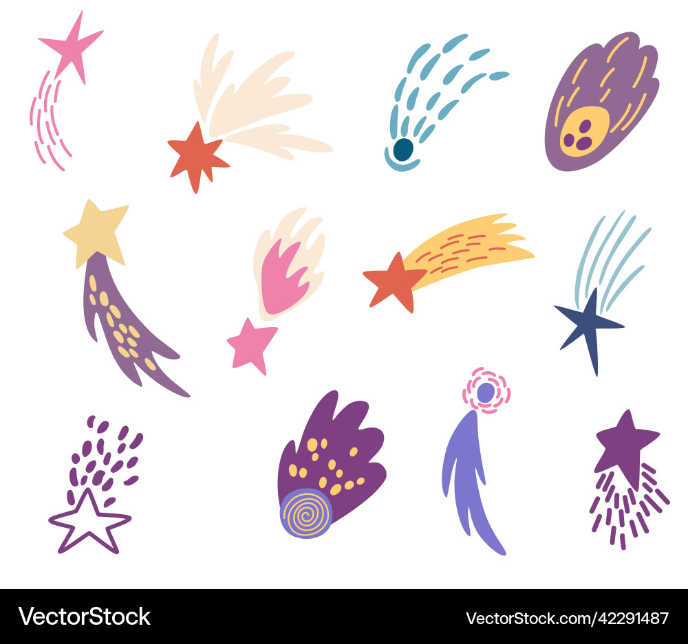 Shooting stars set comet tail or star trail Vector Image