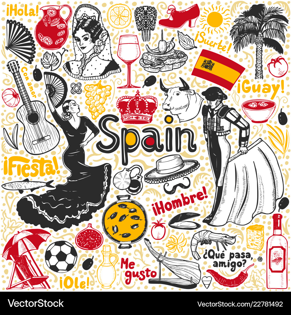 Set symbols spain in hand-drawn style Royalty Free Vector