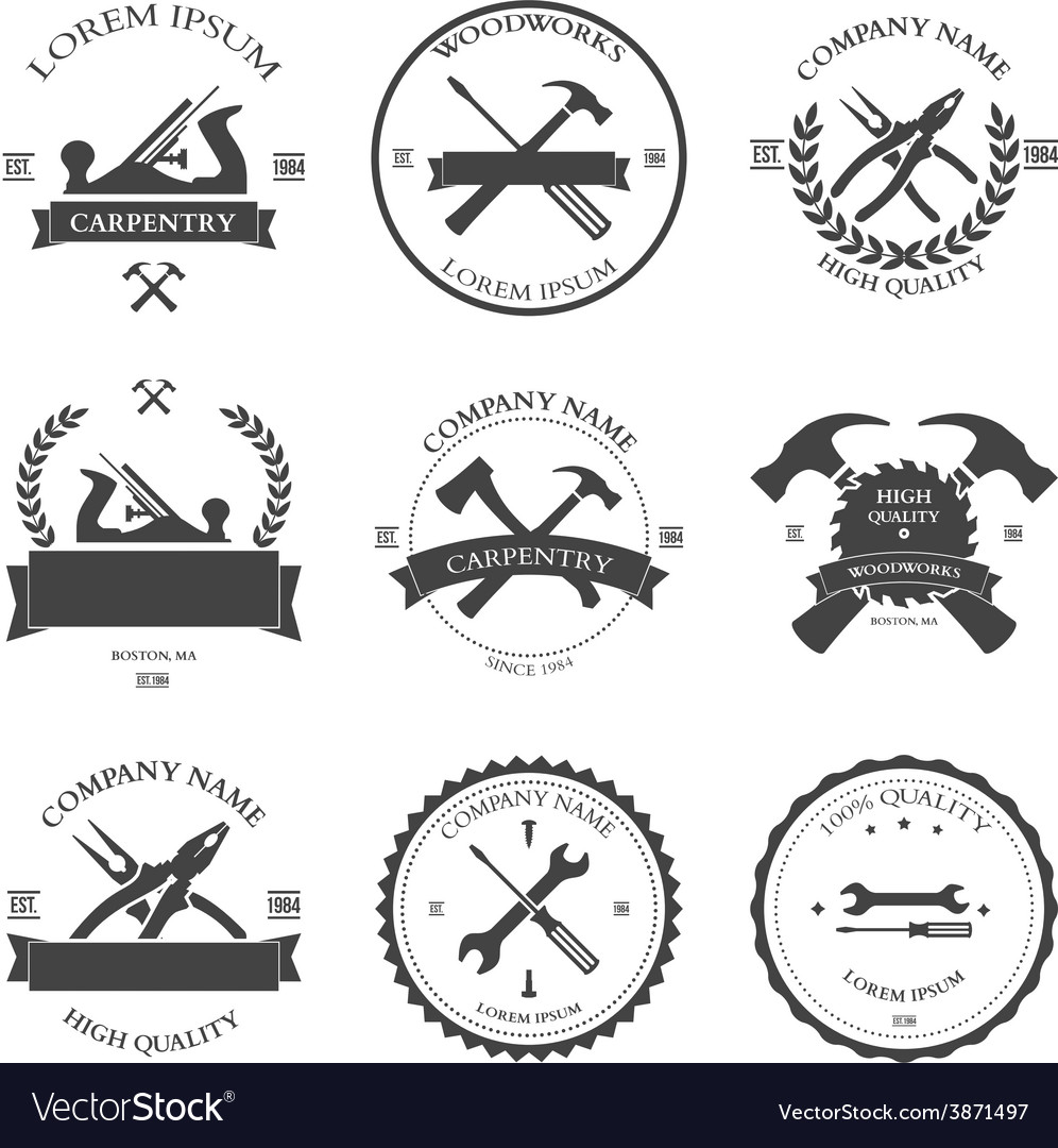 Carpentry tools labels and design elements Vector Image