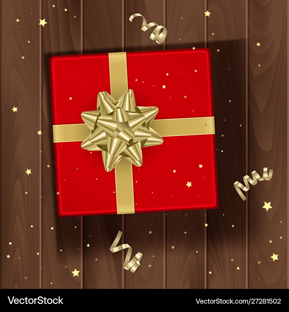 Red gift box top view on wooden Royalty Free Vector Image