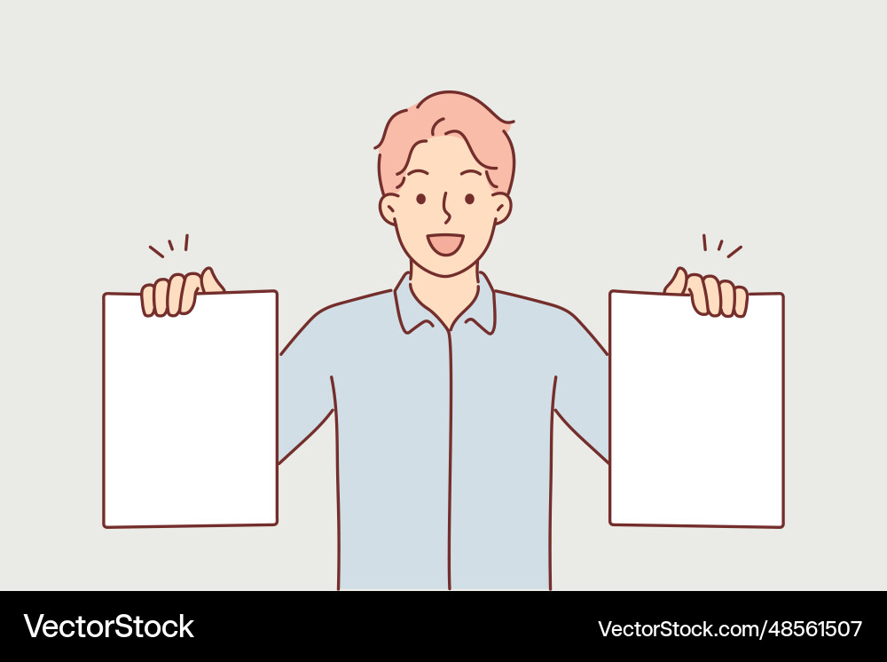 Business man is holding two blank sheets paper Vector Image