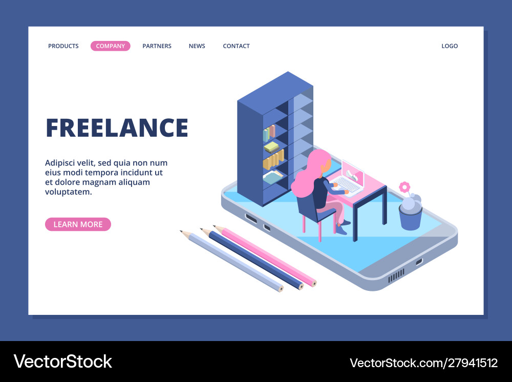 Freelance landing online office concept Royalty Free Vector