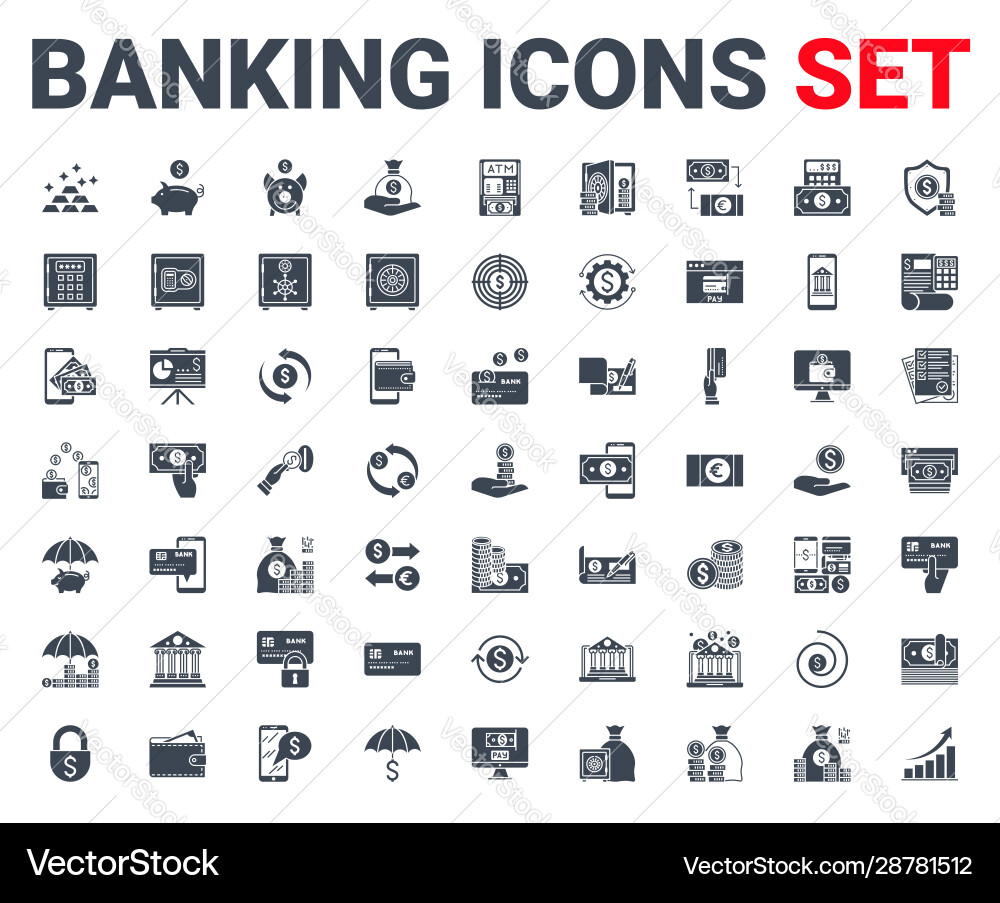 Set banking icons glyph for concepts and web apps Vector Image