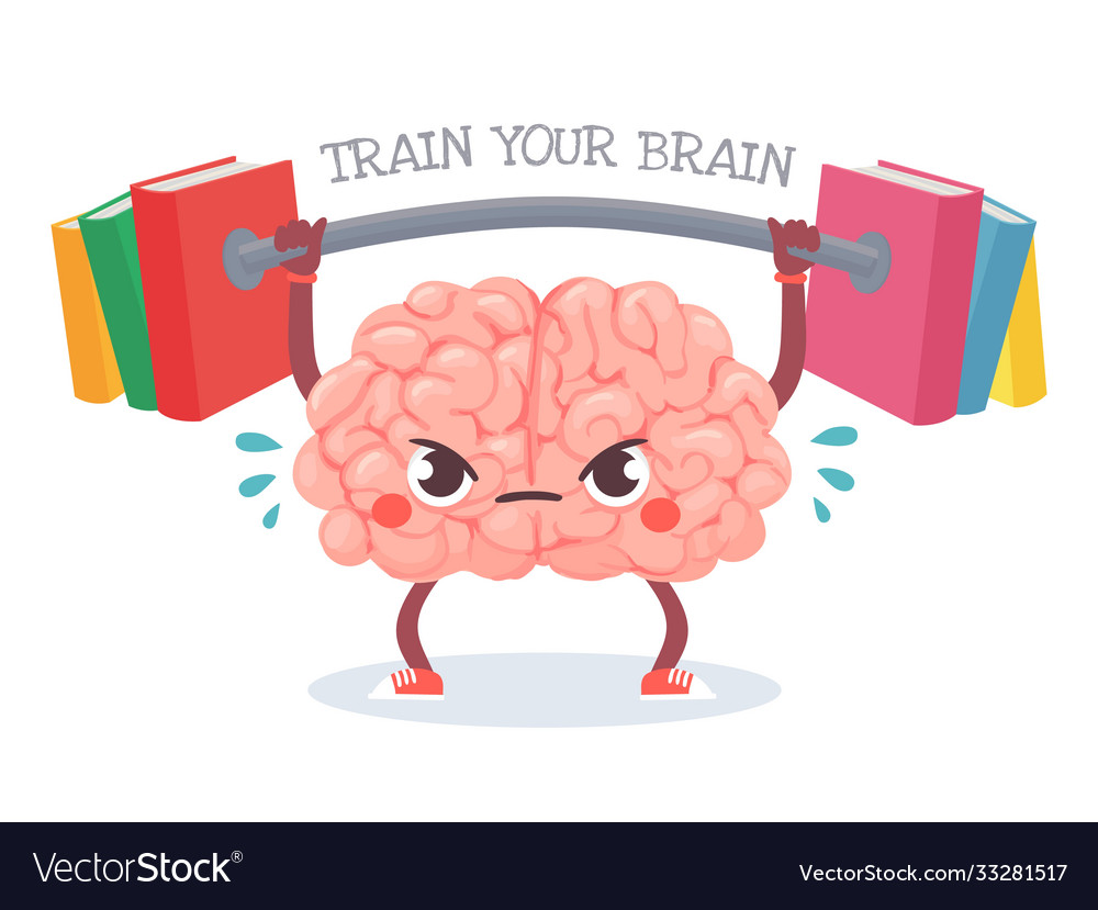 Brain training cartoon brain lifts weight Vector Image Brain training cartoon brain lifts weight Vector Image