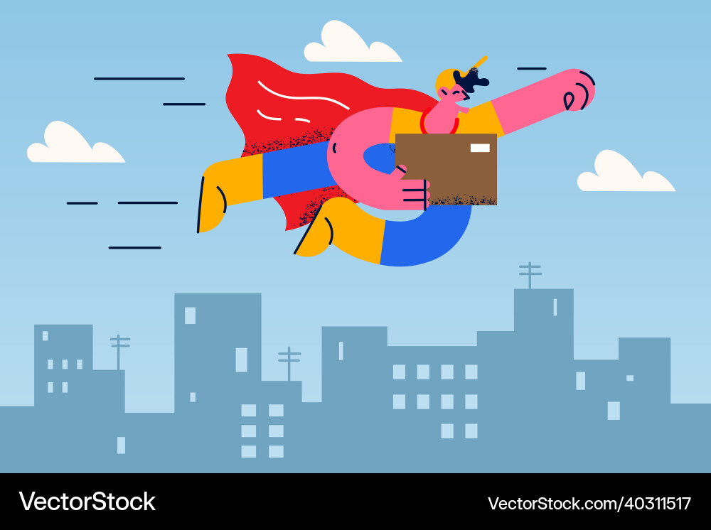 Courier as superhero deliver parcel to client Vector Image
