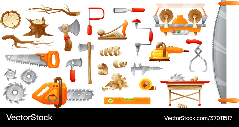 Lumberjack equipment cutting tools set cartoon Vector Image