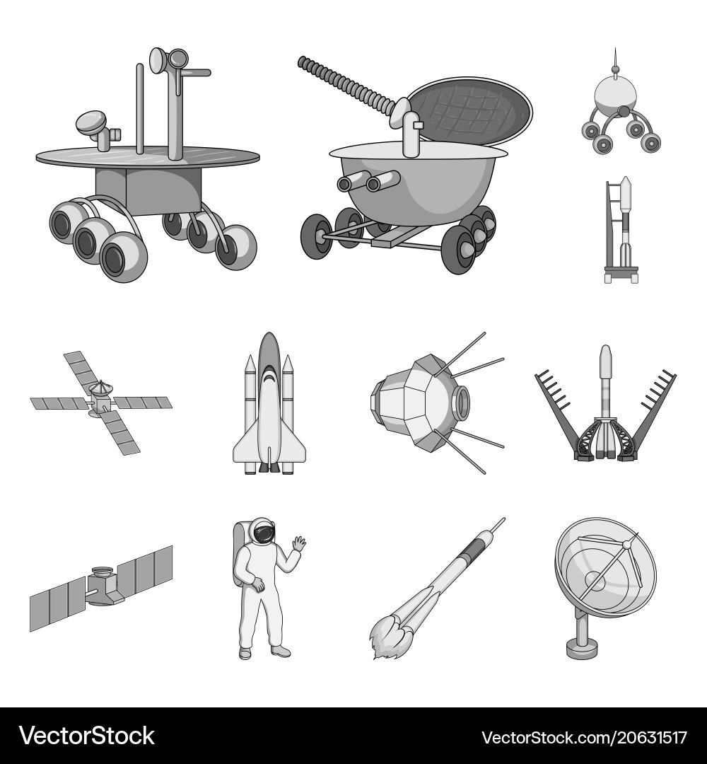 Space technology monochrome icons in set Vector Image