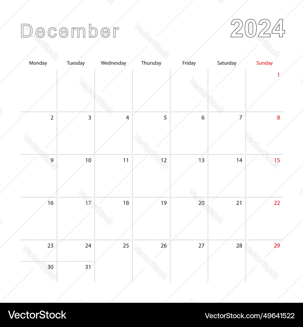 Simple wall calendar for december 2024 Royalty Free Vector