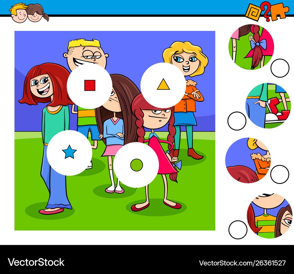 Match pieces puzzle with kids group Royalty Free Vector