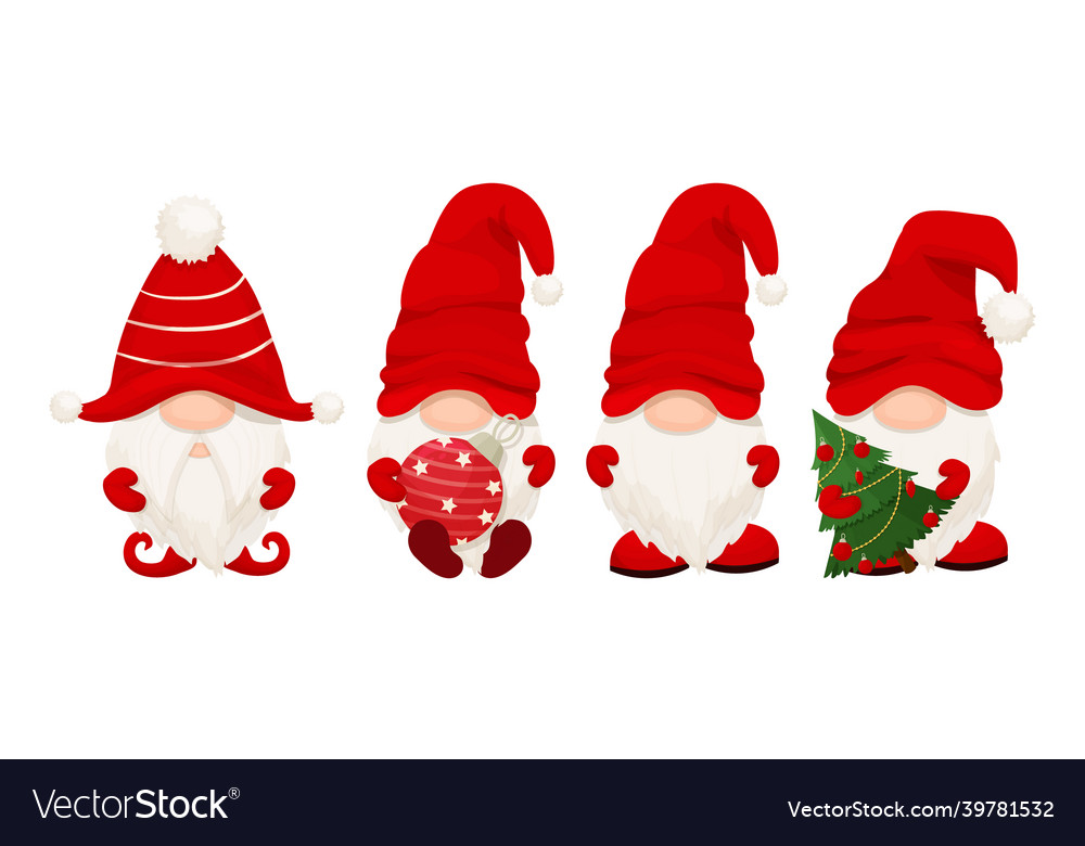 Set Cute Christmas Gnome Elf In Red Hat Royalty Free Vector