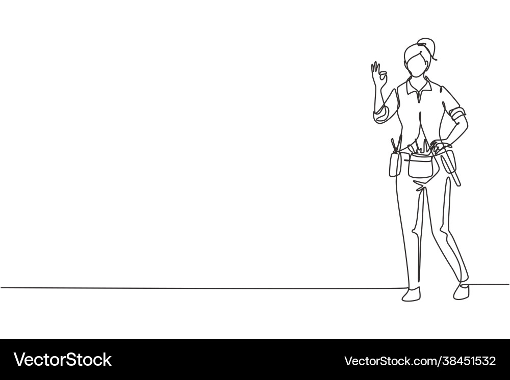 Single continuous line drawing handywoman stands Vector Image