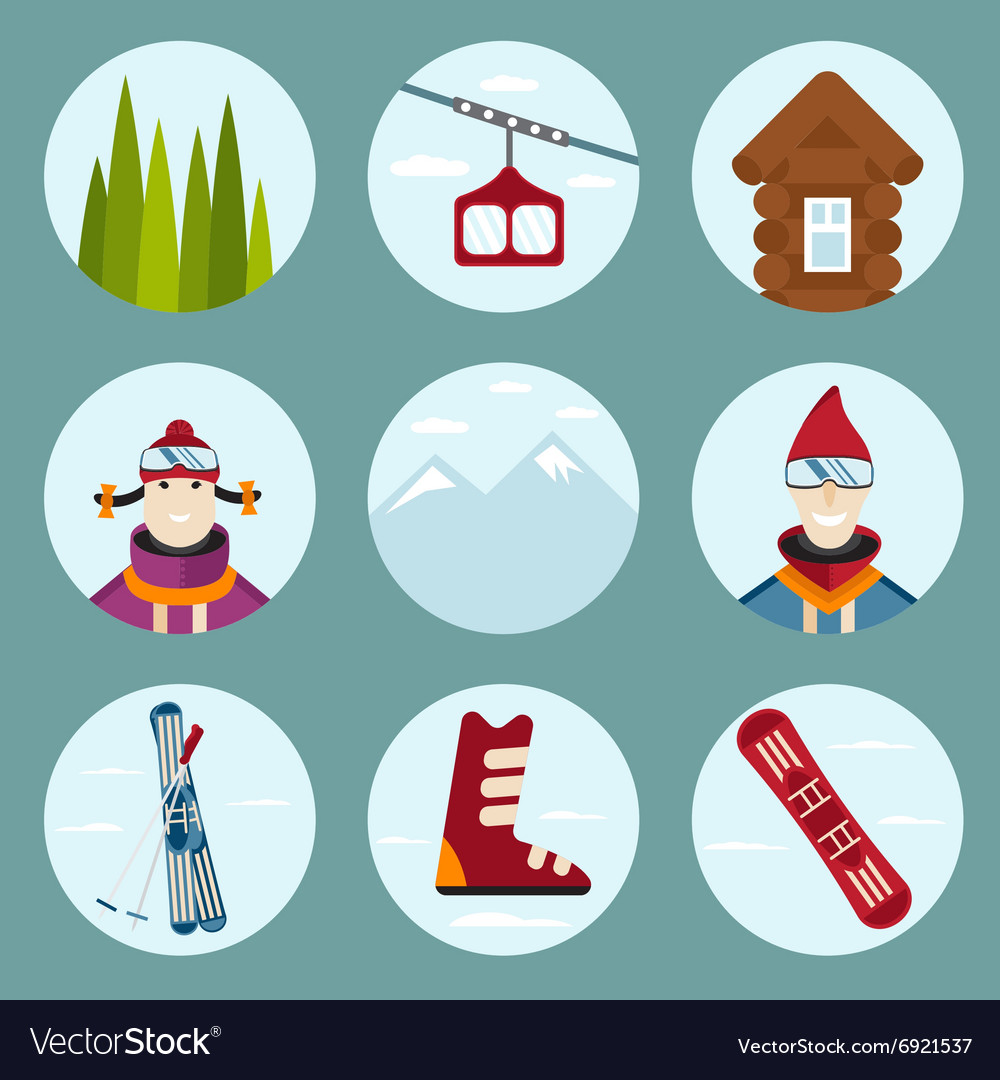 Flat design icons on ski and snowboard theme Vector Image