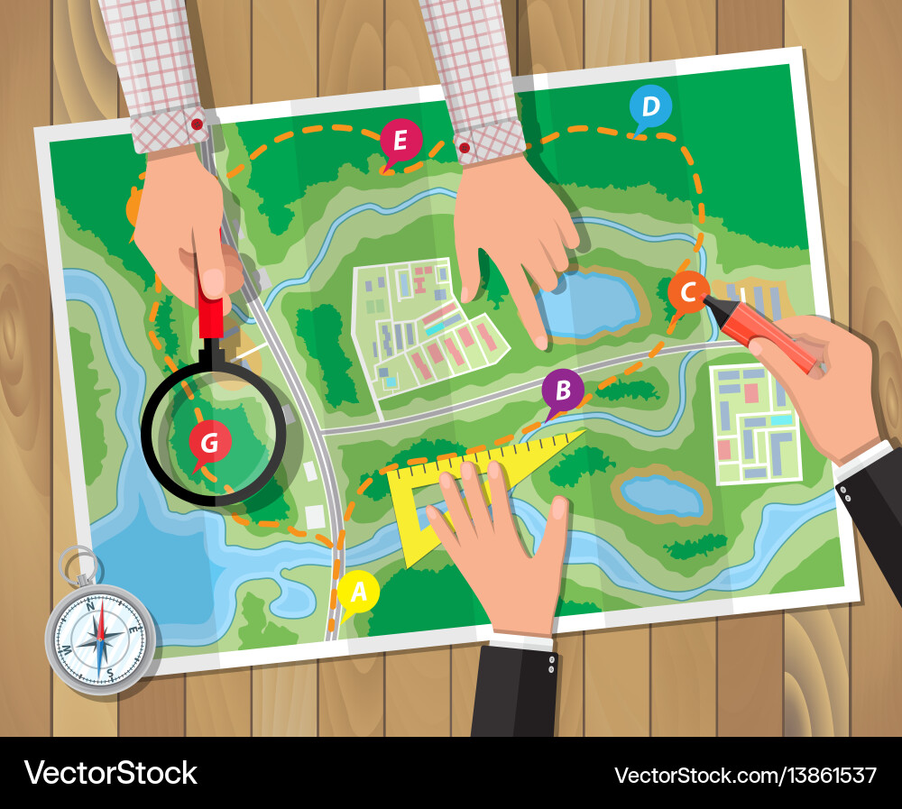 Wooden table with paper map planning trip Vector Image