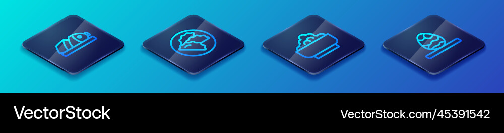 Set isometric line rice in a bowl fish Royalty Free Vector