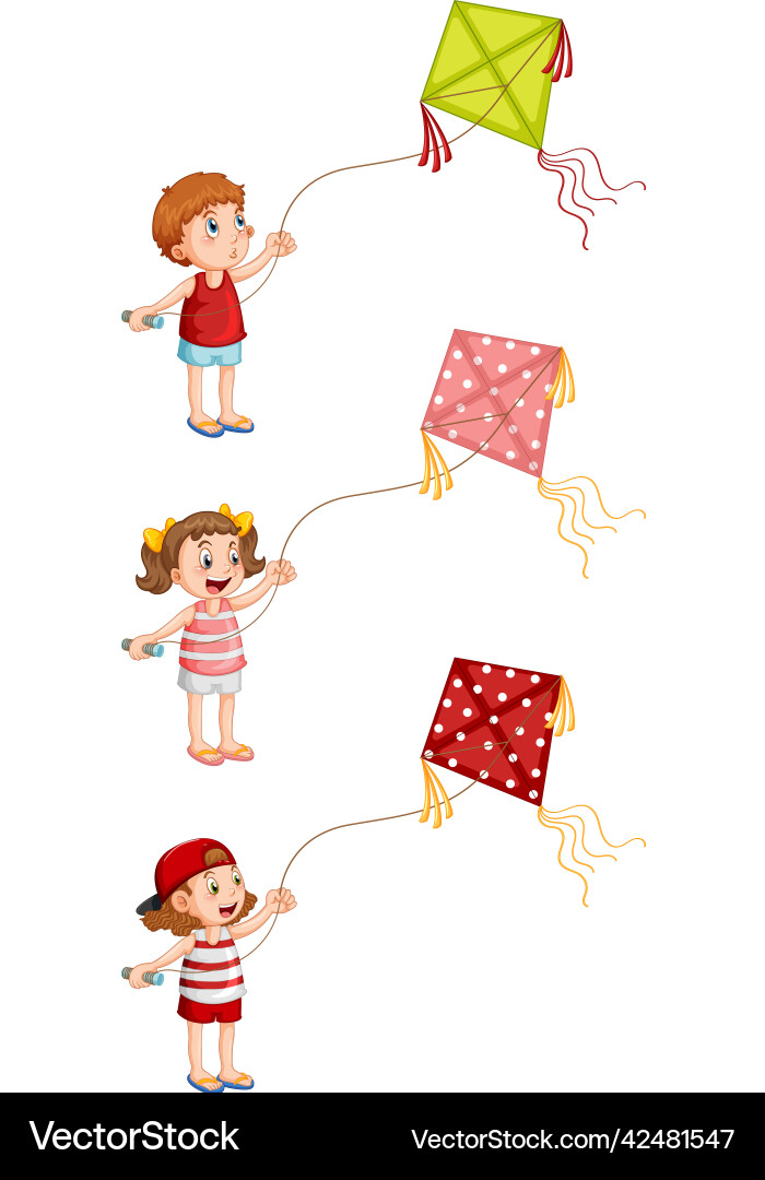 Set of different kids playing kites Royalty Free Vector