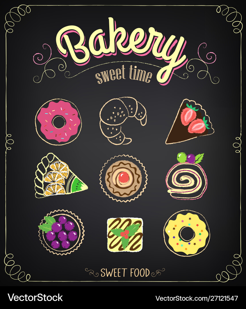 Sweet bakery menu set on a chalkboard for design Vector Image