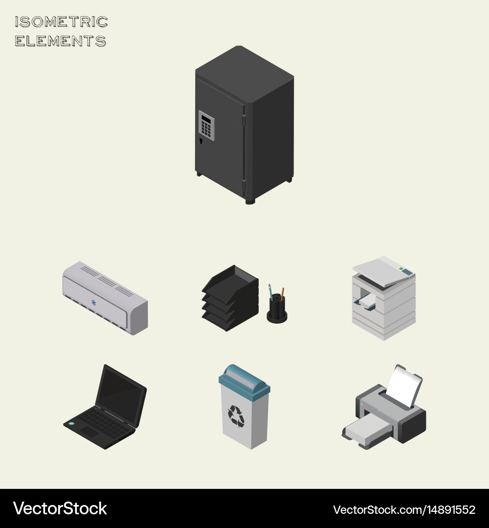 Isometric office set of printing machine scanner Vector Image