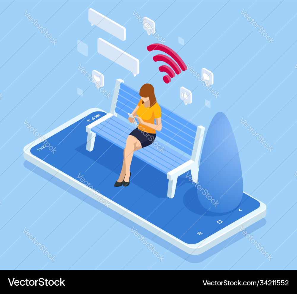 Isometric woman in free internet zone using mobile