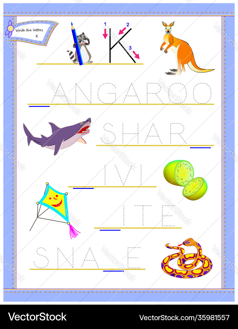Tracing letter k for study english alphabet Vector Image