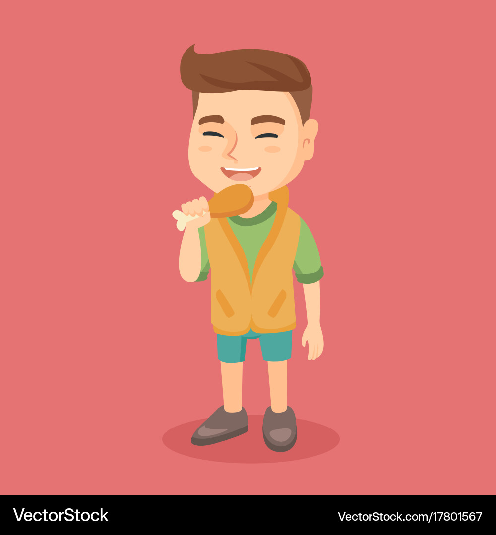 Caucasian eating roasted chicken leg Royalty Free Vector