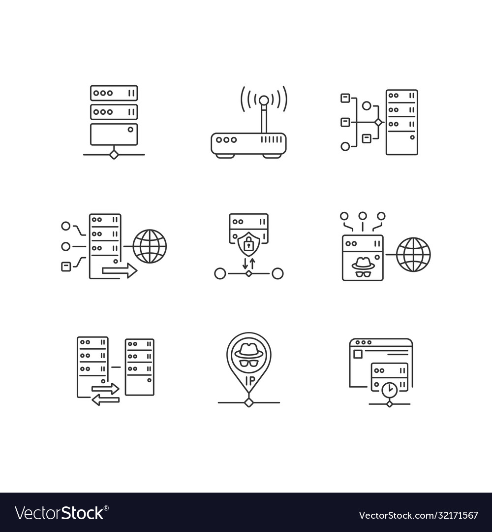 Virtual proxy servers linear icons set Royalty Free Vector