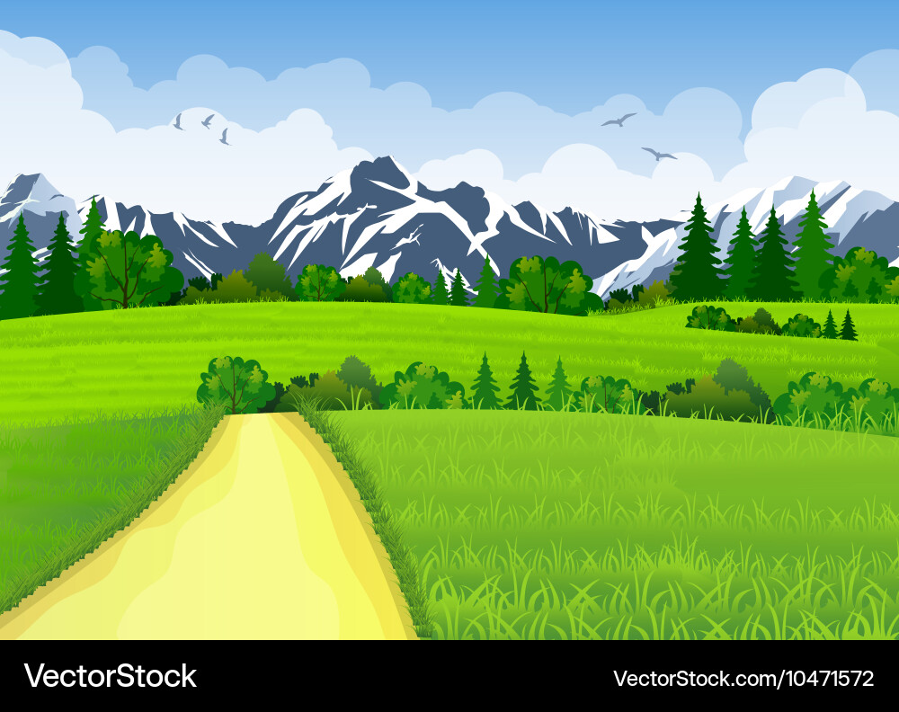 Summer landscape with meadows and mountains Vector Image