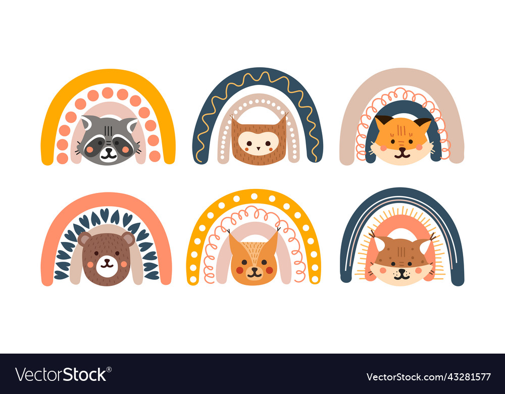 Set of rainbows with cute animals Royalty Free Vector Image