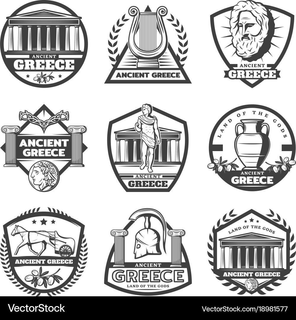 Vintage monochrome ancient greece labels set Vector Image