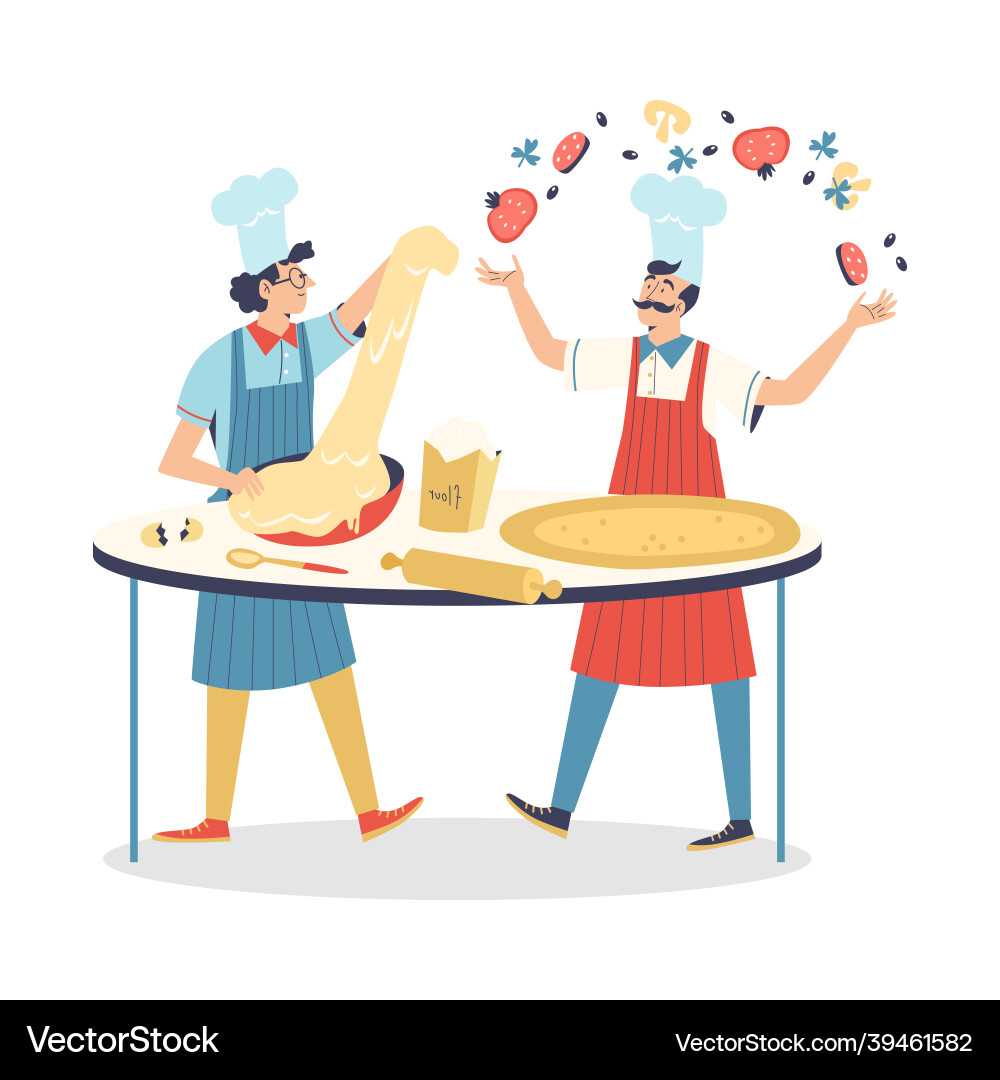 Funny italian pizza makers working with pizza Vector Image