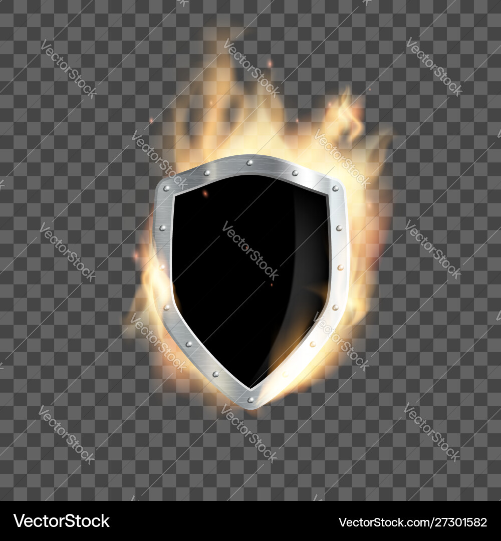 Metal heraldic shield burns with transparent flame