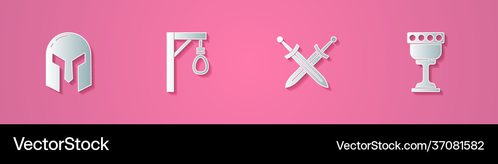 Set paper cut medieval iron helmet gallows Vector Image