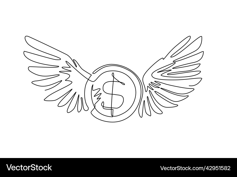 Single one line drawing coins dollar with wings Vector Image