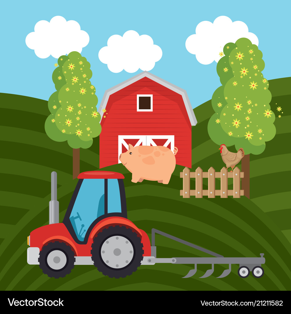 Tractor in the farm scene Royalty Free Vector Image