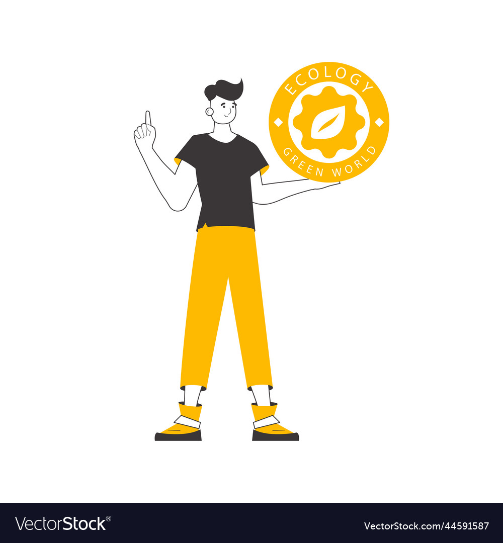 A Man Holds Green World Logo In His Hand Linear Vector Image
