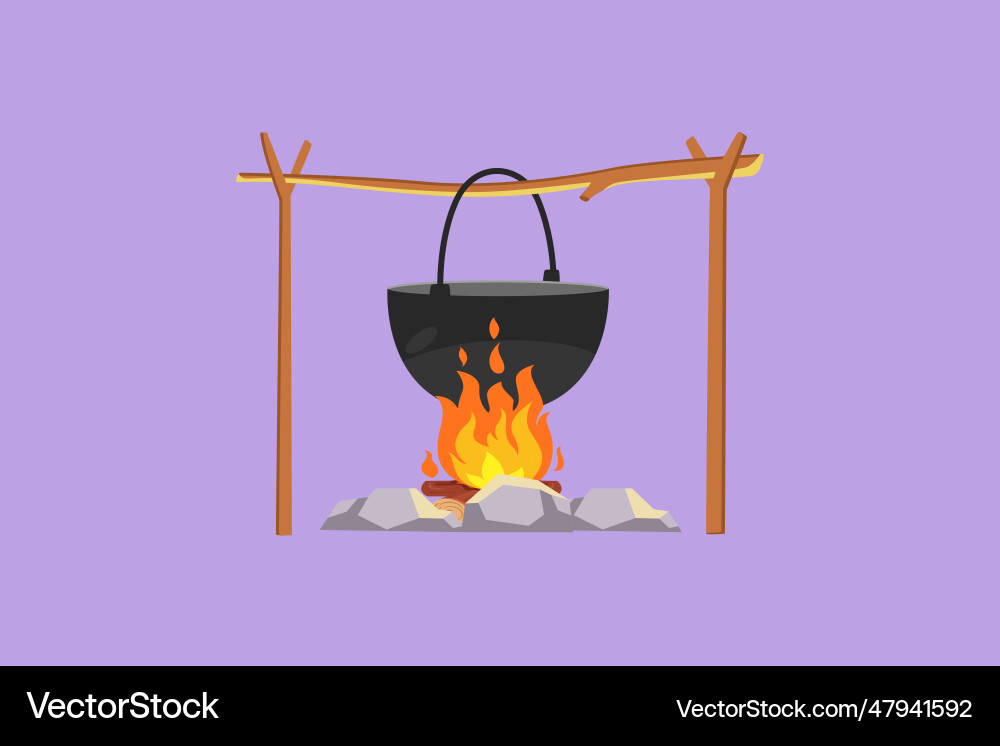 Cartoon flat style drawing pot on campfire for Vector Image