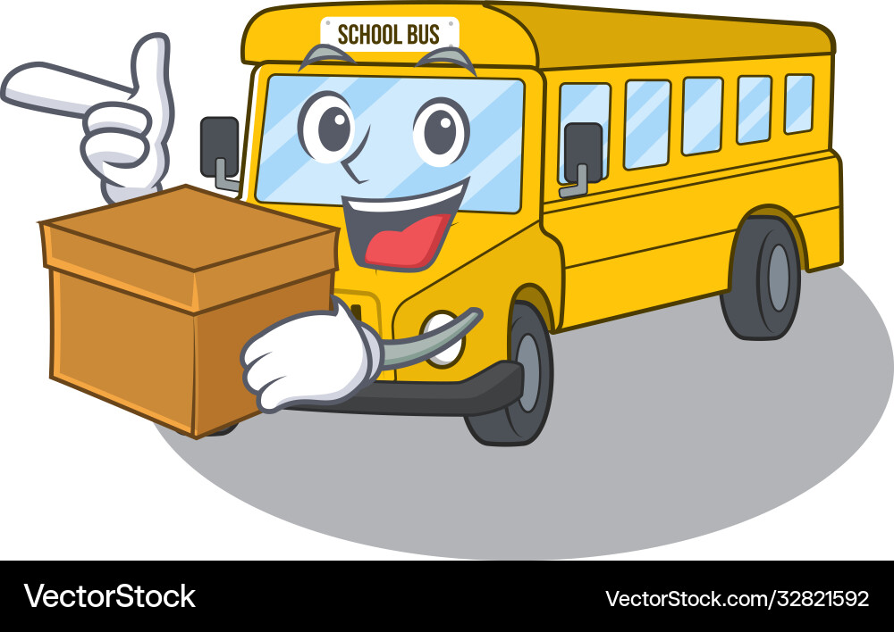 Cute school bus cartoon character having a box Vector Image